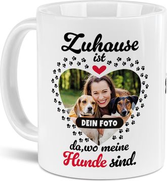 Tassendruck Hunde-Tasse mit Foto Zuhause ist da, wo Meine Hunde sind - Persönliches Geschenk für Hundefreunde zum Geburtstag | Personalisiertes Geschenk, 300 ml, 