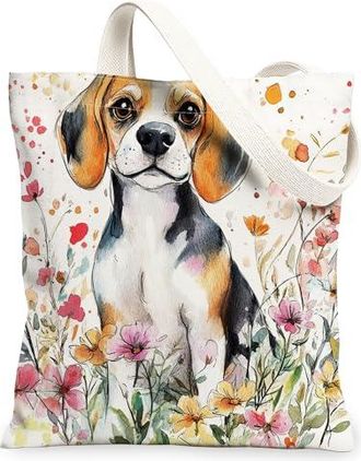 Generic Sac fourre-tout en toile motif beagle printanier 33 x 38,1 cm, sac r&eacute;utilisable &agrave; motif imprim&eacute; aquarelle pour femme, animal domestique, peinture esth