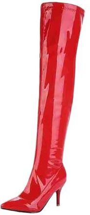 Generic Rouge,46 EU,Bottes Cuissardes en Cuir Verni PU pour Femmes, Bout Pointu, Fermeture éclair latérale, Tendance, Confortables, Talon Aiguille, Cuissardes