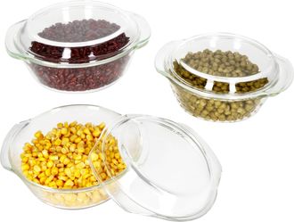 MamboCat 3tlg Set Brat- und Backform 0,7L, 1L & 1,5L mit Deckel I runde Auflaufform aus Glas I Form für Lasagne, Braten, Gratin, Tiramisu, Dessert & Co I hitze