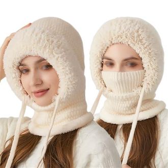 Generic Bonnet 3 en 1 avec &eacute;charpe et masque, bonnet 3 en 1 pour femme, &eacute;charpe de ski et masque, cagoule, beige, taille unique