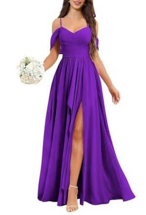 Generic Robe de demoiselle dhonneur à épaules dénudées avec fente plissée en mousseline de soie - Robe formelle pour invitée de mariage, violet, 52 Grande tai
