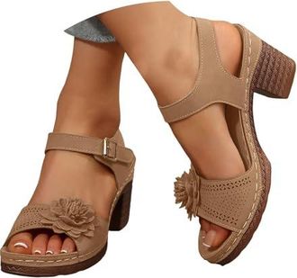 Generic Sandales d&eacute;t&eacute; larges &agrave; talons bas pour femme - Talon bas - Orthop&eacute;diques - Bout ouvert - Sangle de cheville avec sangle de soutien de la vo&ucirc;te plantai