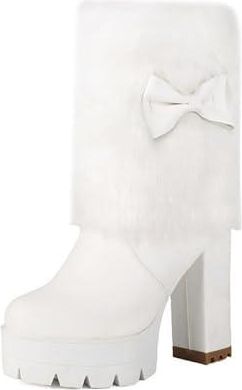 Generic Bottes Dhiver Doubl&eacute;es Pour Femmes En Cuir PU, Bottes Fourr&eacute;es Tendance Avec Noeud Et Talon Bloc Haut, Bottes De Neige Mi-Mollet Chaudes &Agrave; Plateforme 