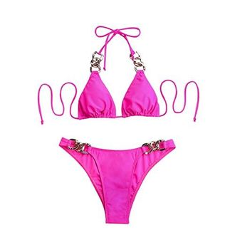 Generic Maillot de bain pour femme taille haute 2 pi&egrave;ces maillot de bain basique push up triangle plage maillot de bain femme dos nu piscine bikini bas, rose 