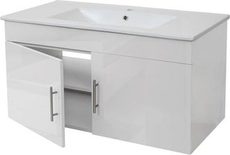 Hhg Waschbecken + Unterschrank HHG 241, Waschbecken Waschtisch, MVG-zertifiziert, hochglanz 90cm wei&szlig;