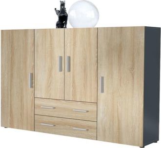 Vladon Le Buffet Haut Nora bahut avec 2 tiroirs et 4 Portes avec Un Total de 8 Compartiments derri&egrave;re, Anthracite Mat/ch&ecirc;ne Brut (166,5 x 106,5 x 35 cm)