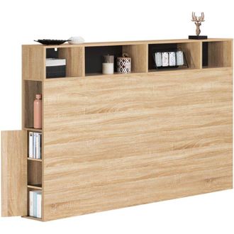 IDMarket Kopfteil auf Fu&szlig; cleo 165 cm mit geschlossenem Stauraum und Nischen in Buchenholzoptik und Schwarz