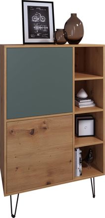 Vladon Highboard Havana V1, Schrank mit 2 Türen und 4 offene Fächer, Kommode Made in Germany, Eiche Evoke/Fjord Grün (124 x 79 x 35 cm)