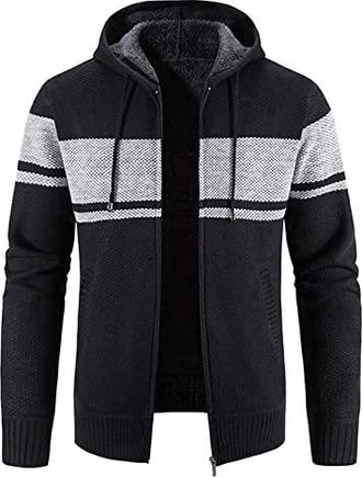 Generic Sweat &agrave; capuche tricot&eacute; en polaire pour homme avec fermeture &eacute;clair int&eacute;grale et doublure en polaire - Veste &agrave; capuche en tricot &eacute;pais avec cordon de 