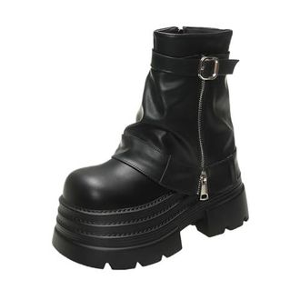 Generic Punk Femmes Automne Hiver Cuir Bottines 10CM Talons Chunky Plateforme Combat Bottes Antid&eacute;rapantes Chaussures de Moto Femme Punk Bottes, Noir, 37 1/3 