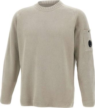 C.P. Company C.p. Company, Homme, Pulls, Gris, Taille: L Pull Ras du Cou en Chenille de Coton avec Logo Lens
