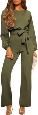 Generic Combinaisons habill&eacute;es pour femmes &agrave; manches longues ceintur&eacute;es pantalons &agrave; jambes larges combinaison barboteuse tenues dinvit&eacute;s de mariage (Vert,TTG)