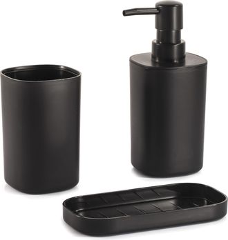 MSV Bad Accessoires 3-teilig - Seifenspender, Seifenschale, Zahnputzbecher Lona Schwarz matt