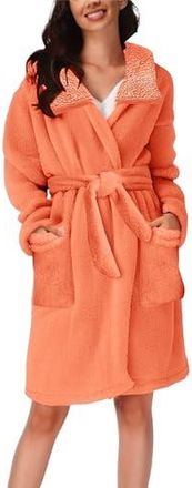 Generic Robe de chambre pour femme en polaire moelleuse chaude et confortable avec ceinture et poches, manteaux dint&eacute;rieur l&eacute;gers pour lhiver, Orange, 3XL