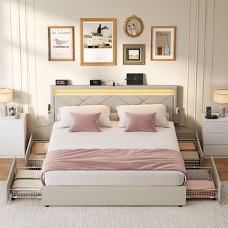 Vasagle Doppelbettgestell, Bettgestell, 140 x 200 cm, LED, Metallbett, 4 Schubladen, Ladestation, verstellbares gepolstertes Kopfteil, cappuccinobeige RMB827L