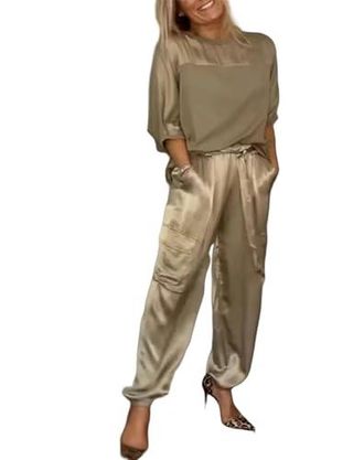 Generic Ensemble de pantalons en satin, ensemble haut &agrave; manches mi-longues et pantalon en satin lisse, ensemble 2 pi&egrave;ces pour femme, ensemble confortable et d