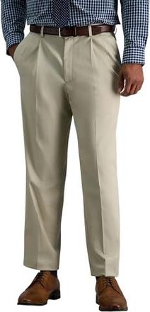 Haggar Mens Premium No Iron Classic Fit Expandable Waist Pleat Front Pant, Sand, 38x34