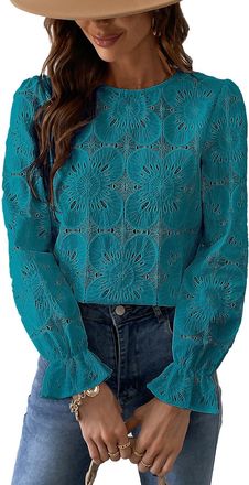 Cupshe Damen Bluse Blumen Cutout Rundhalsausschnitt Langarm R&uuml;schen Oberteile Casual Shirt Elegant Hemd Tops, Dunkles Blaugr&uuml;n, XL