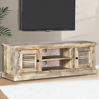 vidaXL Vidaxl - Meuble TV en bois de manguier massif - 120 x 30 x 40 cm - Fini blanchi &agrave; la chaux - 2 armoires et 2 &eacute;tag&egrave;res - Pr&ecirc;t &agrave; lemploi