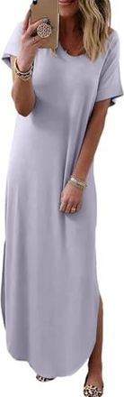 Minetom T-Shirt Robe Longue Femme Col en V Manche Courte Couleur Unie Ample Casual Ete Plage Vacances Maxi Dress O Gris XL