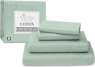 Pizuna 100% Coton Parure de Lit 140x200 cm Mousse de mer, Tissu de Satin de Coton &agrave; 600 Fils au Pouce carr&eacute; Comprend 1 Drap Housse, 1 Drap Plat, 2 Taie dorei