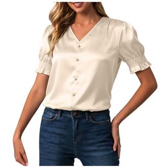 Generic Chemisier en satin &eacute;l&eacute;gant pour femme - Col en V - Manches courtes - Tunique d&eacute;t&eacute; - &Eacute;l&eacute;gant et ample - Manches courtes - D&eacute;contract&eacute; - Soyeux - Satin,