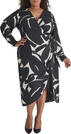 DKNY Womens Dresses,L/S V-Neck MIDI W/H, BLK/Eggshell,16W