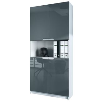 Vladon Büroschrank Logan V2, Made in Germany, Aktenschrank mit 5 Fächern und 4 Türen, Weiß matt/Grau Hochglanz (82 x 184 x 37 cm)