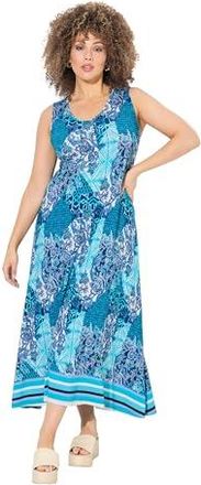 Ulla Popken Femme Grandes Tailles Robe Maxi sans Manches. Mélange dimprimés. Décolleté V. Coupe évasée Aqua foncé 54+ 838970740-54+
