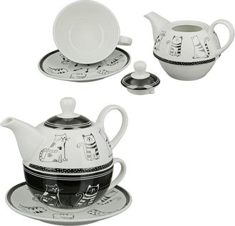 Gilde Tea for one, Teekanne und Tasse ; Funny Cat Porzellan, schwarz/weiss