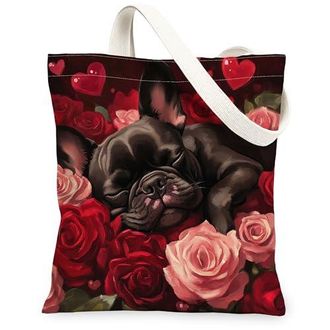 Generic Sac fourre-tout en toile pour le shopping 33 x 38 cm, motif bouledogue fran&ccedil;ais, sac d&eacute;picerie r&eacute;utilisable pour femme, animal de compagnie, motif ros