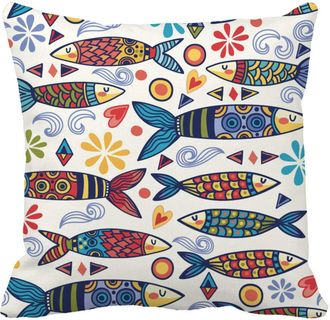 IUBBKI 45 x 45 cm Kissenbezug gelb hell und erstaunlich portugalisches Muster von dekorativen Sardinen, Kissenbezug für Zuhause, dekorativer quadratischer Ki