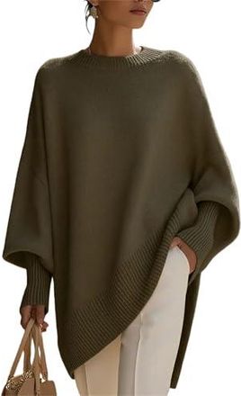 Generic Pull d&eacute;contract&eacute; &agrave; col rond et manches chauve-souris en tricot ample tendance r&eacute;tro paresseux manteau printemps c&ocirc;tel&eacute; chaud ch&acirc;le pull tops, Vert, XX