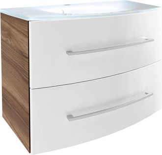 Fackelmann VERONA Badm&ouml;bel Set 2-teilig 80 cm breit, Braun Dunkel/Wei&szlig; Hochglanz, Glas-90323145