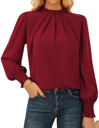 Grace Karin Damen Elegant Langarm Basic Business Bluse Fashion Rollkragen Tunika Tops Weinrot S