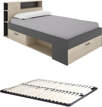 Vente-Unique Vente-unique - Lit avec t&ecirc;te de lit rangements et tiroirs - 120 x 190cm - Coloris : Naturel et anthracite + Sommier - leandre