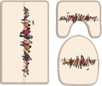 A.Monamour Badezimmer Badematte 3 Teilig Set Aquarell Bunte Vögel Flanell WC Toilette Deckel Deckt Bad Matte Teppich Badteppiche Badvorleger Badgarnitur Vorleger