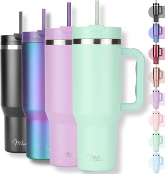 Milu Thermobecher 1200ml mit Strohhalm & Henkel, 24h Eisgekühlt / 12h heiß Edelstahl Tumbler 40oz mit Griff, Isolierbecher to go, Trinkflasche doppelwandig