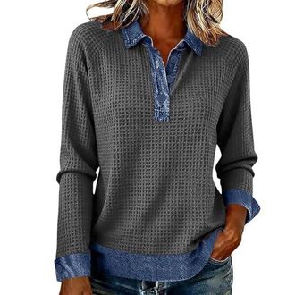 Generic Chemises &agrave; manches longues pour femmes, col &agrave; revers en denim, patchwork, sweat-shirt ample, haut de couleur, tenue pull en jean pour femme, gris, XXL