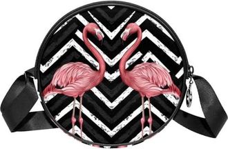 Generic Petit sac &agrave; bandouli&egrave;re circulaire pour femme, motif flamant rose, zigzag, petit sac &agrave; dos &agrave; bandouli&egrave;re avec fermeture &eacute;clair, bretelles r&eacute;glables, s