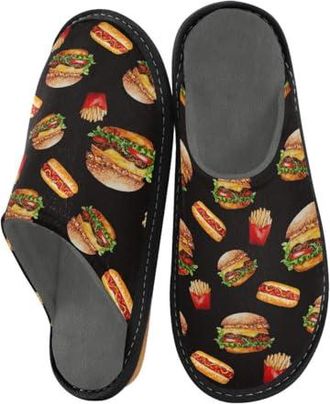 HMZXZ Pantoufles pour homme et femme, motif peinture à laquarelle, frites hamburgers, pantoufles dintérieur pour la maison, la chambre à coucher, les voyage