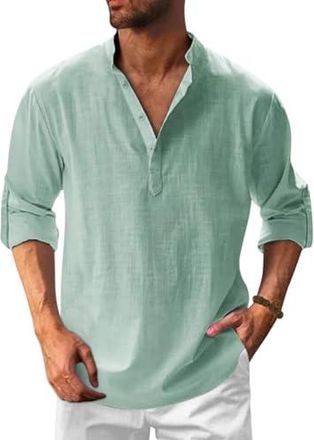 Onsoyours Hommes Chemises en Lin Solid Henley Shirts Casual Manches Longues été Mao Chemise de Plage Classique Décontractée Casual Regular Fit A Vert XXL