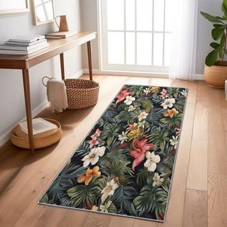 Generic Tapis de Couloir 80 x 150 cm Antiderapant, Aquarelle Tropical Botanique Floral Feuilles Lavable en Machine Poil Ras Decoration Tapis - Vert foncé Desc