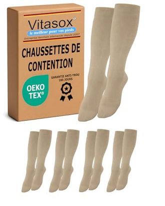 Vitasox 44456 Chaussettes de contention, chaussettes de voyage en coton, unisexe chaussettes de compression 4 paires beiges 39/42