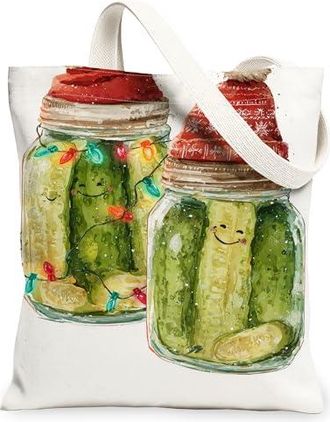 Generic Sacs fourre-tout amusants en toile de cornichon de No&euml;l, sacs d&eacute;picerie r&eacute;utilisables, l&eacute;gers et lavables avec bandouli&egrave;re, blanc, 13x15 Inch