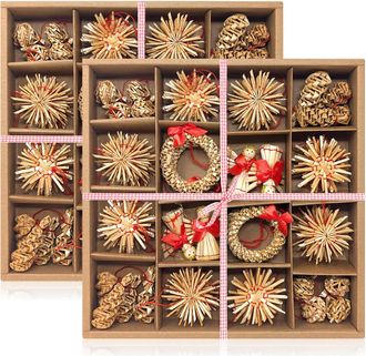 Com-Four 112-teiliges Strohsterne Set - Sterne, Glocken, Tannen, und traditionelle Figuren als Christbaum-Schmuck - kleine Stroh-Anhänger als Weihnachtsbaumsch