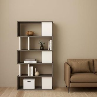 Dmora B&uuml;cherregal mit 5 asymmetrischen B&ouml;den, wei&szlig; und grau, Ma&szlig;e 80 x 175 x 29,5 cm