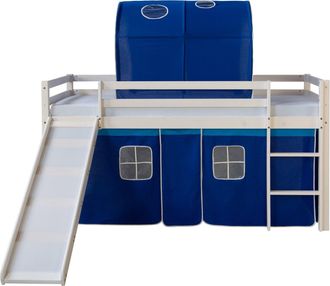 Homestyle4u 1568, Kinderbett 90x200 Weiß Hochbett mit Rutsche Treppe Vorhang Tunnel Blau BettgestellHolz Kiefer Kinderzimmer