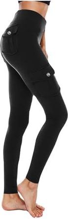 Generic Legging cargo pour femme avec poches, contr&ocirc;le du ventre, pour entra&icirc;nement, course &agrave; pied, gym, fitness, Noir, L